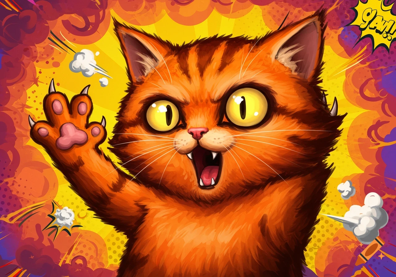 An orange cat with a bell collar punches a gray cat, depicted in a ...