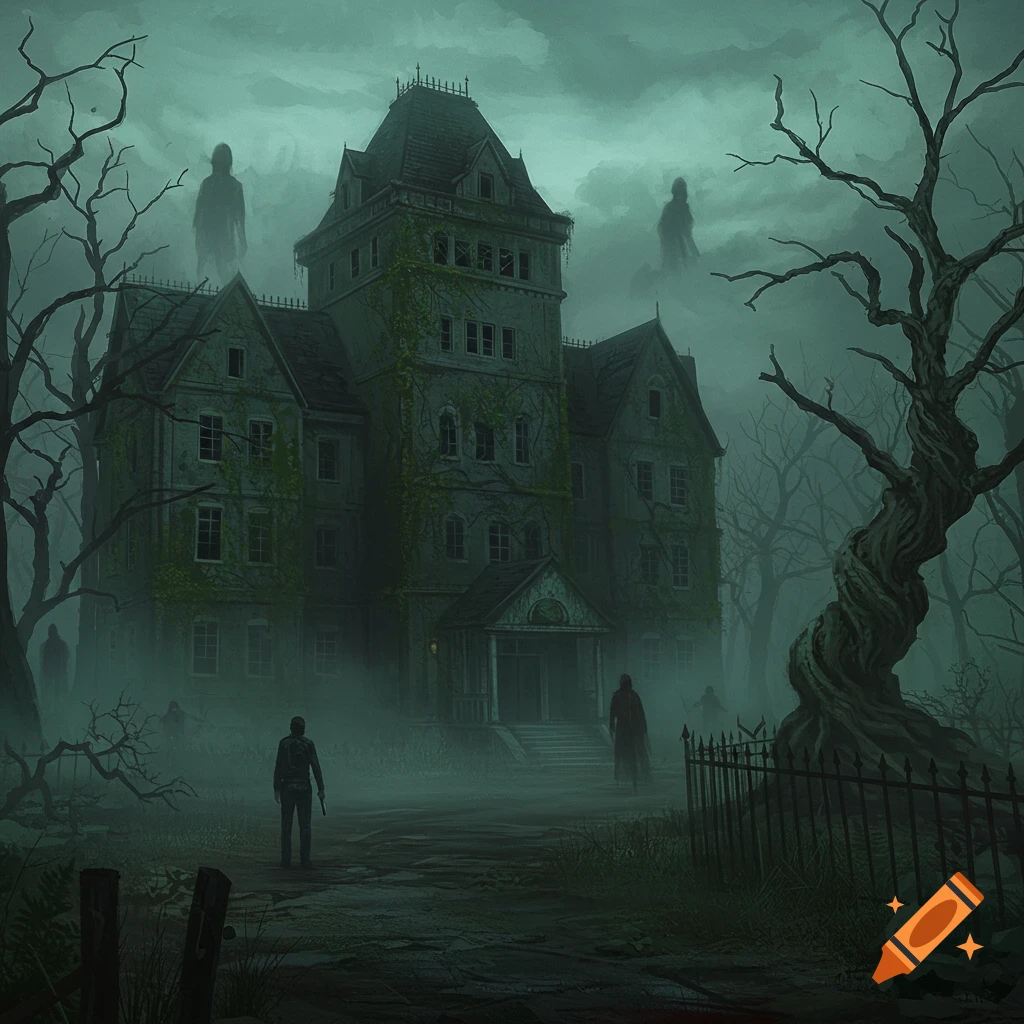 A surreal and grotesque painting of a dark, imposing castle surrounded ...