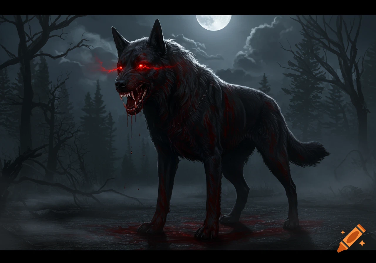 A stylized black wolf with glowing red and blue markings stands under a ...