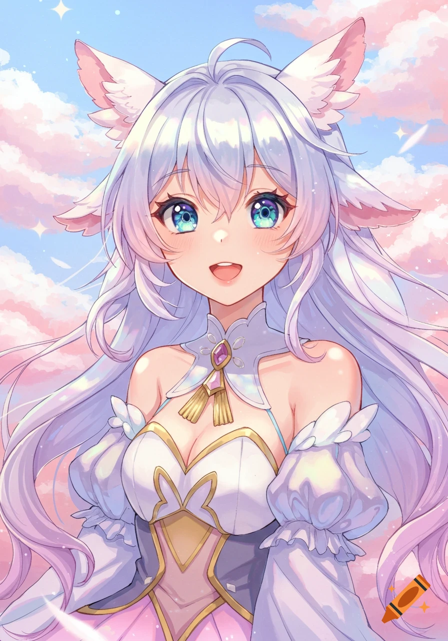 A cute anime girl with white cat ears, short lavender hair, and a ...