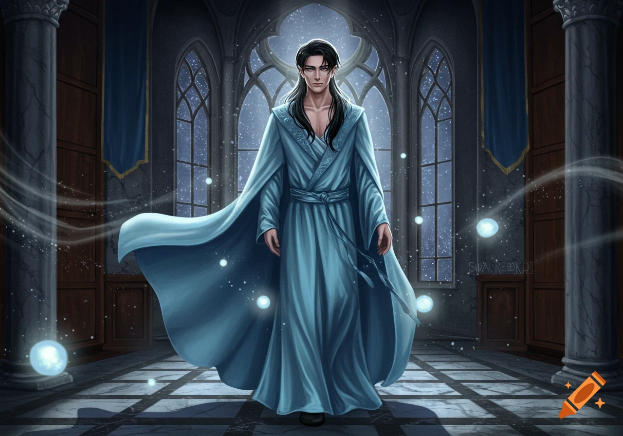 A detailed pencil sketch of a stern woman in a blue dress holding a ...