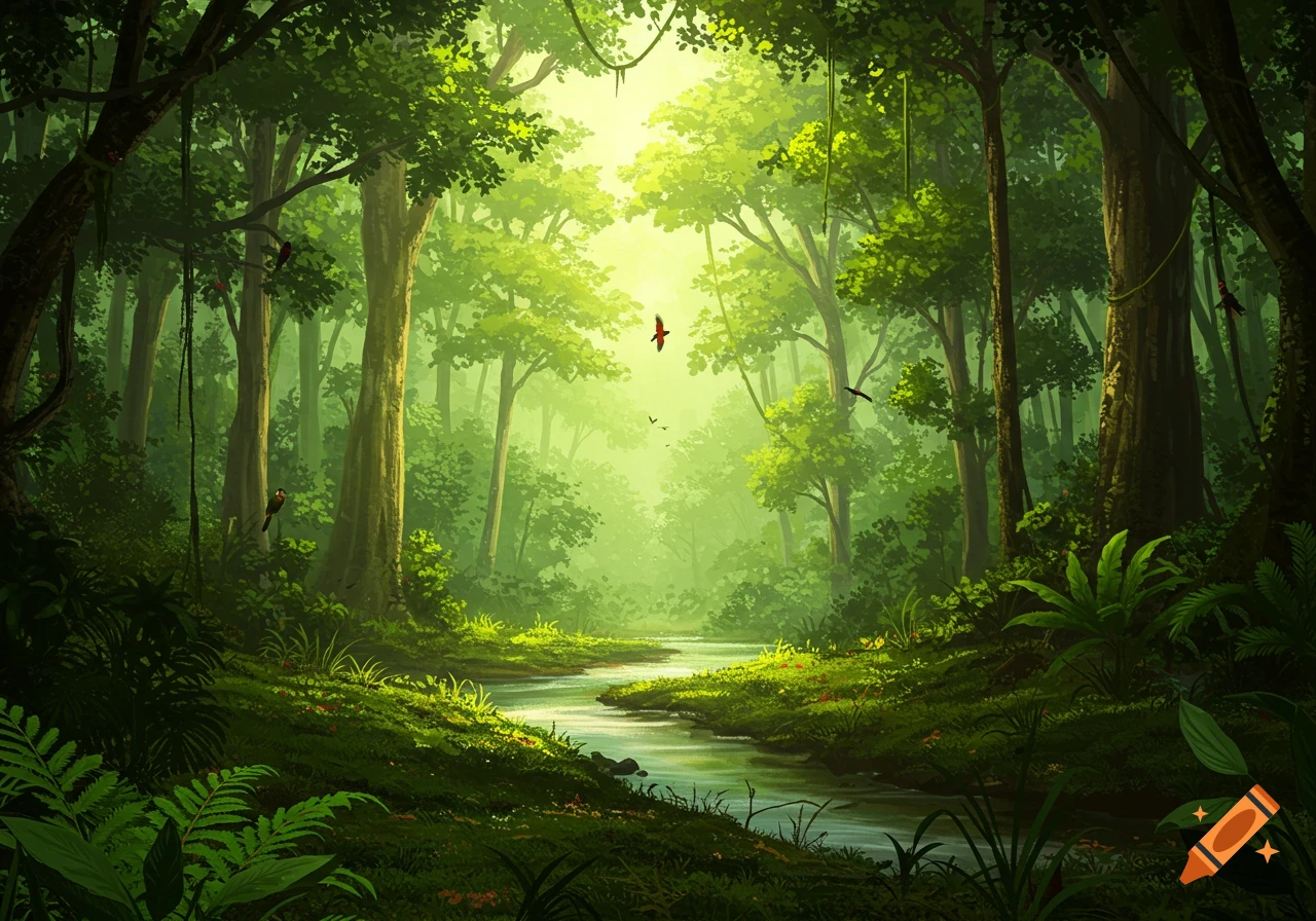 Colorful macaws soar over a vibrant green river amidst a misty, lush ...