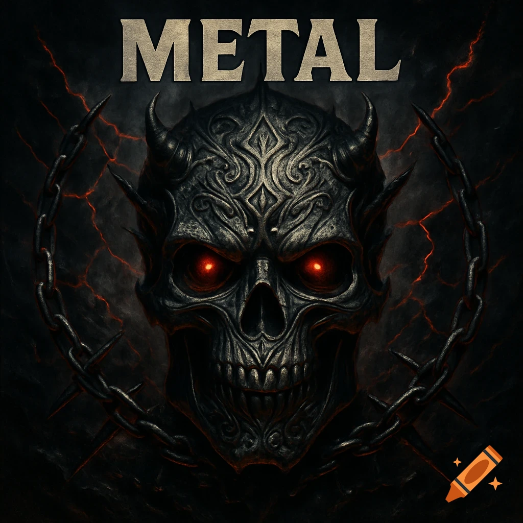 A dark gothic metal band logo featuring a detailed skull with glowing ...