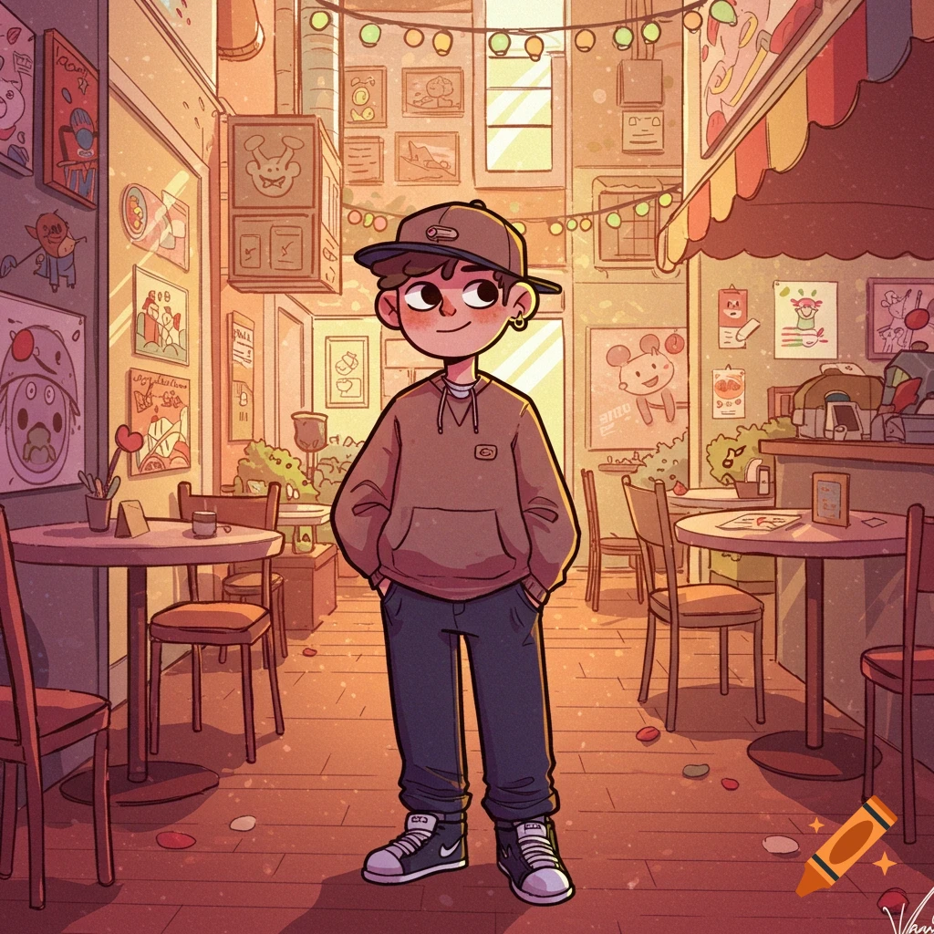 A creepy patchwork puppet with big eyes waves from a candy store window ...