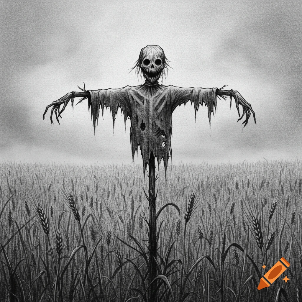 Creepy, corpse-like scarecrow in a wheat field under a cloudy sky ...