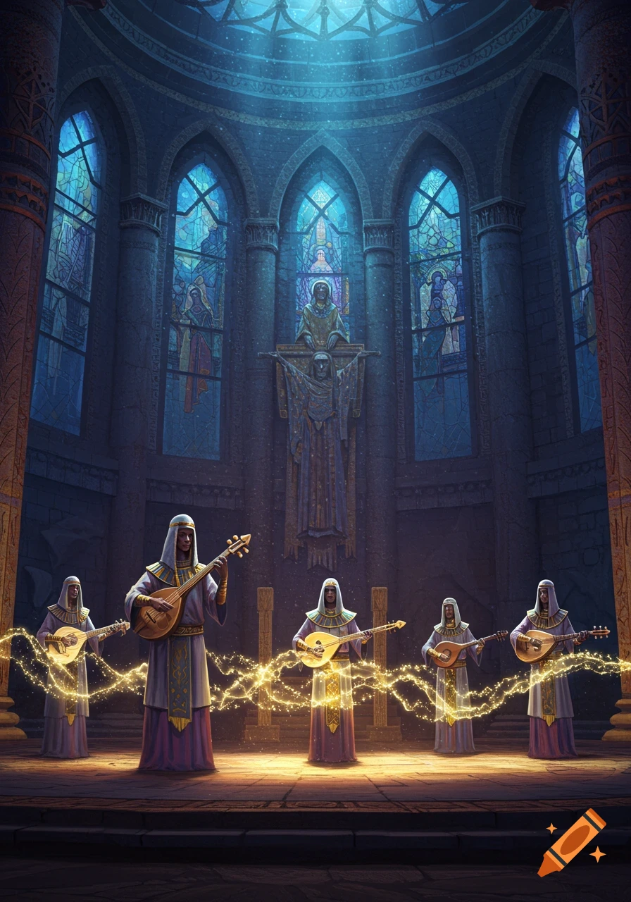 A grand cathedral interior with colorful stained glass windows, a ...