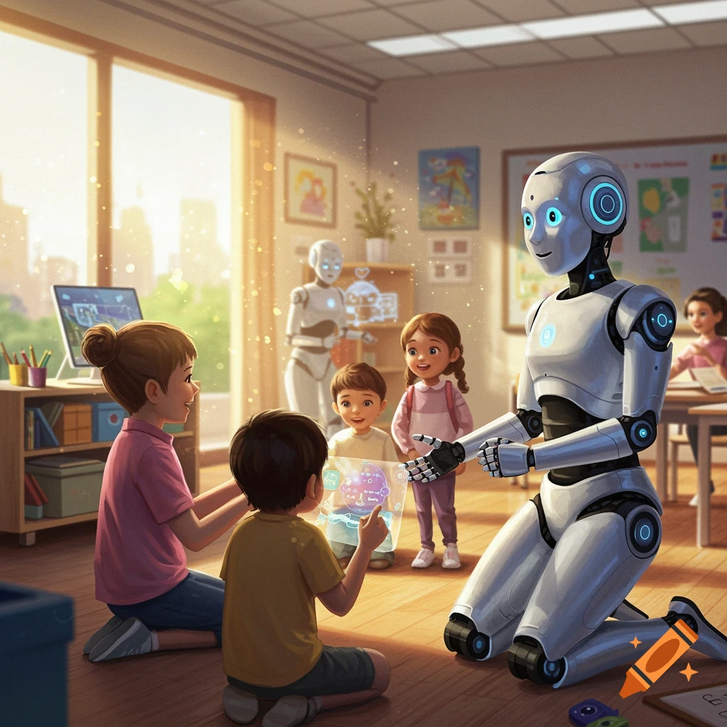 A friendly LEGO-style robot in a clothing store holding a tablet ...