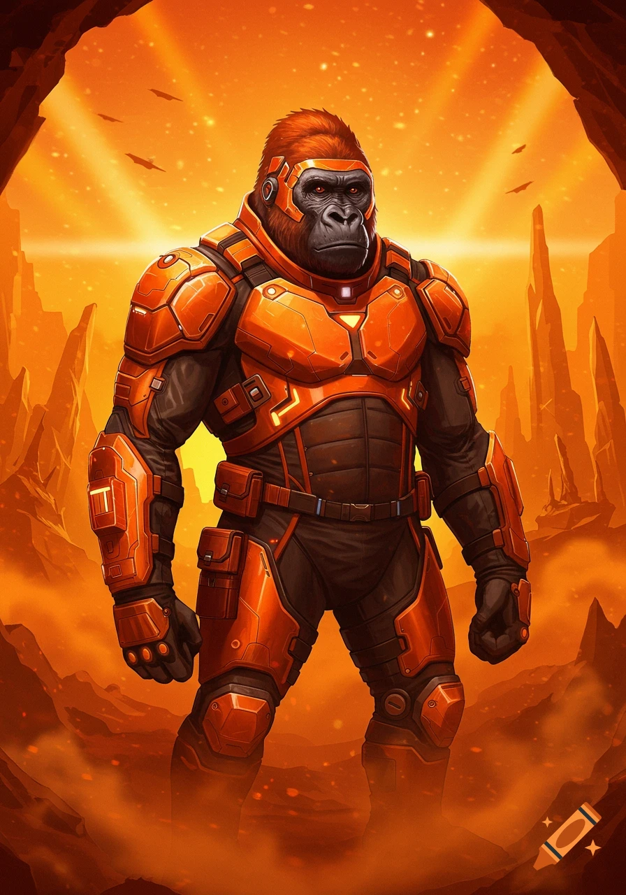 An angry ape crouches in a fiery, smoke-filled landscape with glowing ...