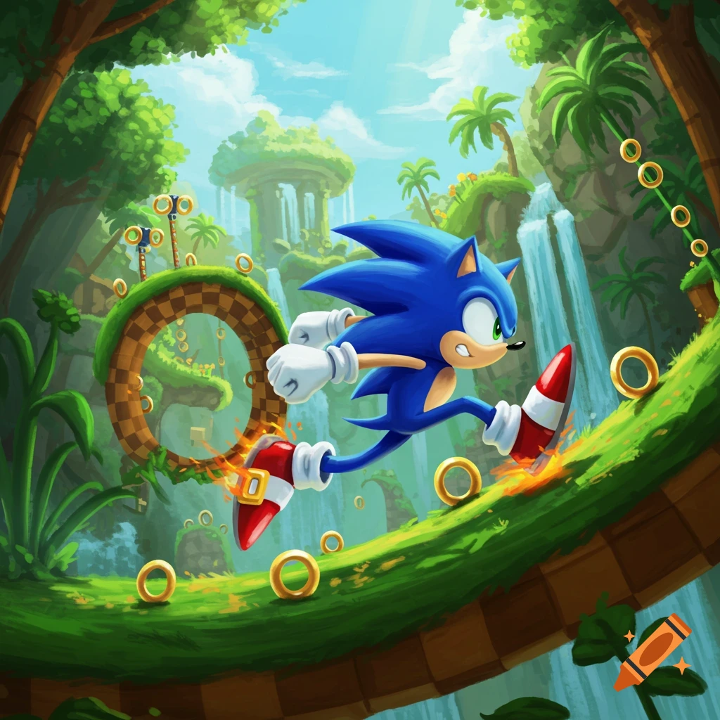 Sonic the Hedgehog runs through a vibrant Green Hill Zone-like jungle ...