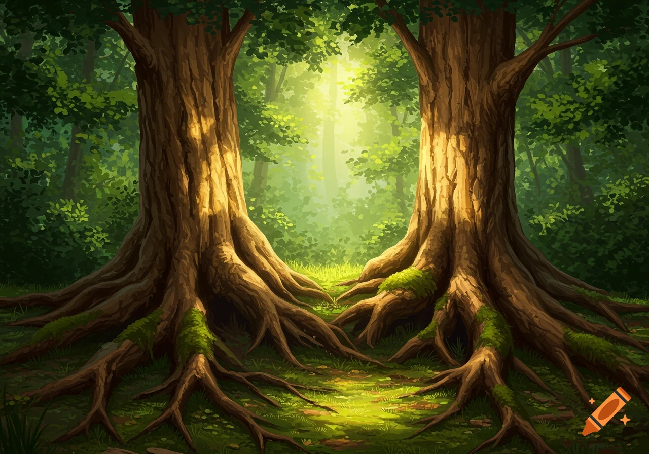 Illustrative depiction of two large trees with prominent roots bathed ...