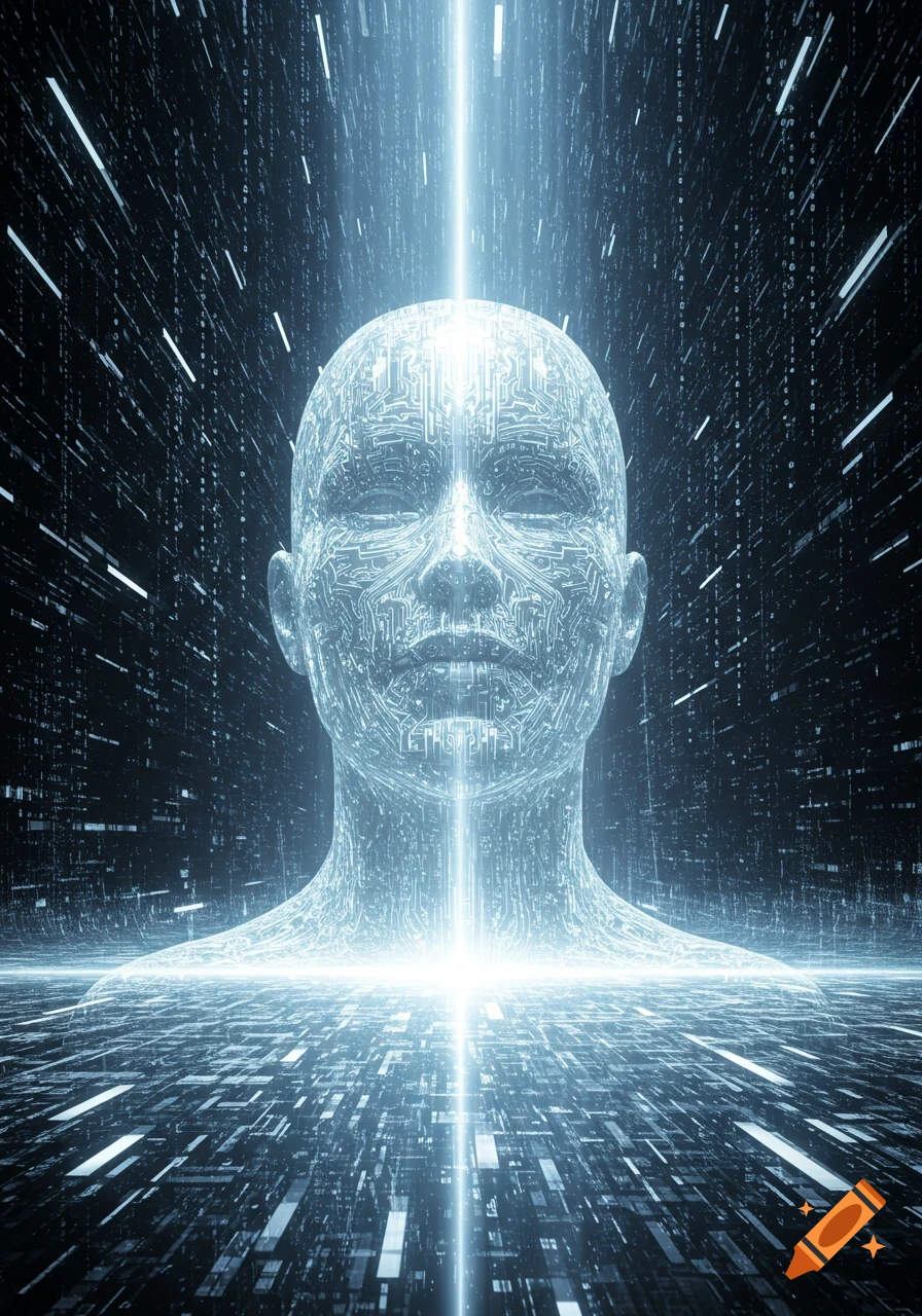 A glowing, futuristic human head and torso made of circuit board patterns, with light beams in a ...