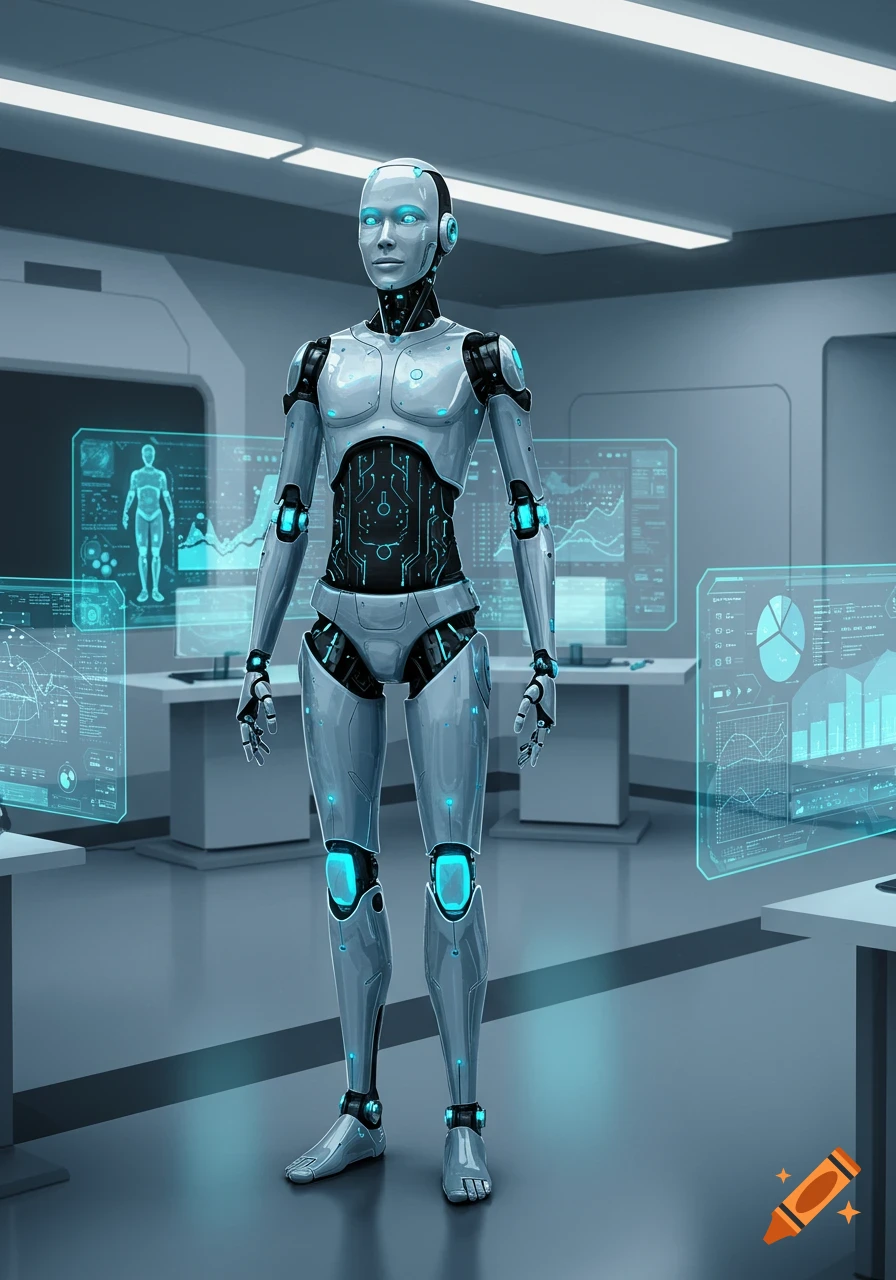 A sleek, silver humanoid robot with glowing eyes stands in a futuristic ...