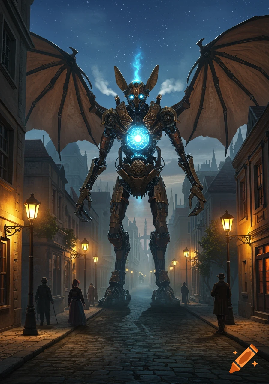 A grinning steampunk robot bat with large wings stands on a metal beam ...