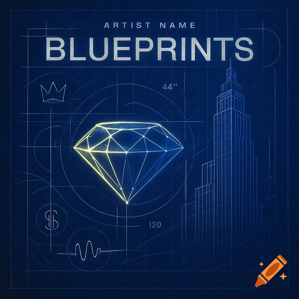 Blueprint-style design featuring a glowing diamond, a skyscraper ...
