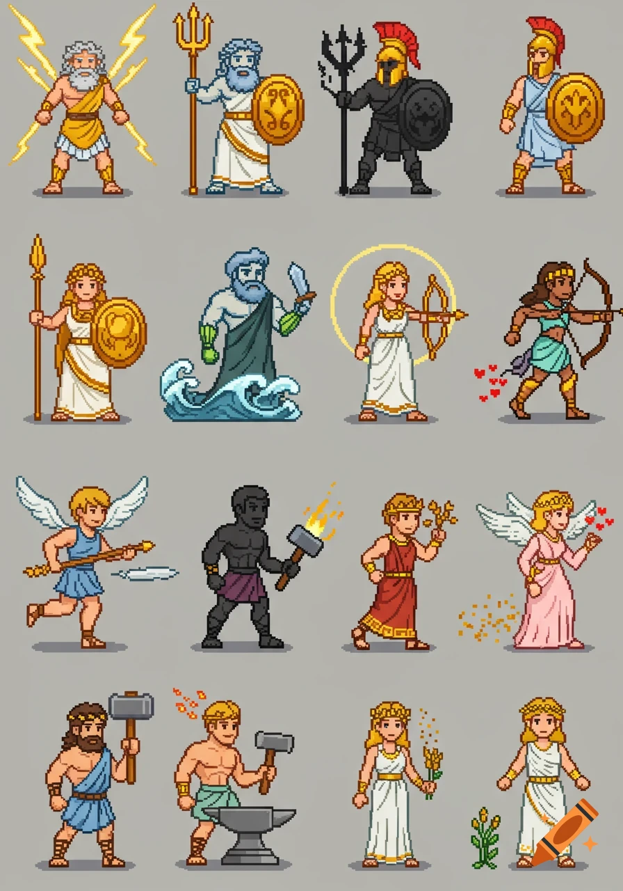 A pixel art sprite sheet displays 16 different Greek gods and ...