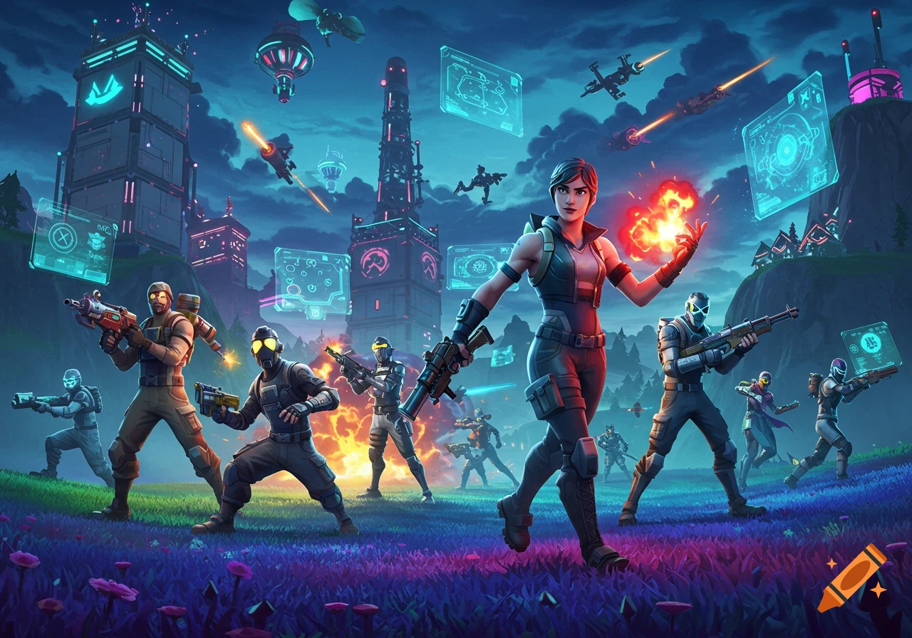 Stylized Fortnite-like battle scene with multiple characters, glowing ...