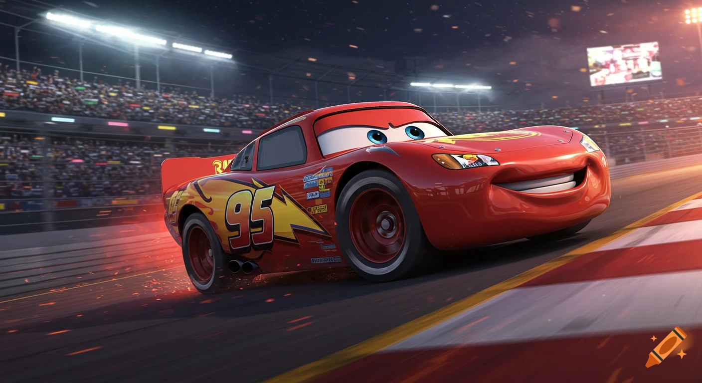 Lightning McQueen, wearing a Mickey Mouse head as a helmet, races on a ...