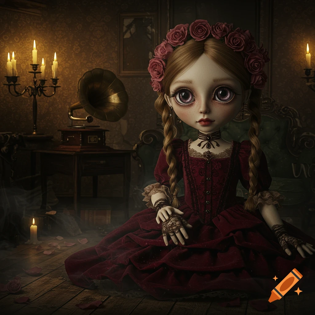 Sharp focus photograph of a Victorian doll in mourning dress on Craiyon