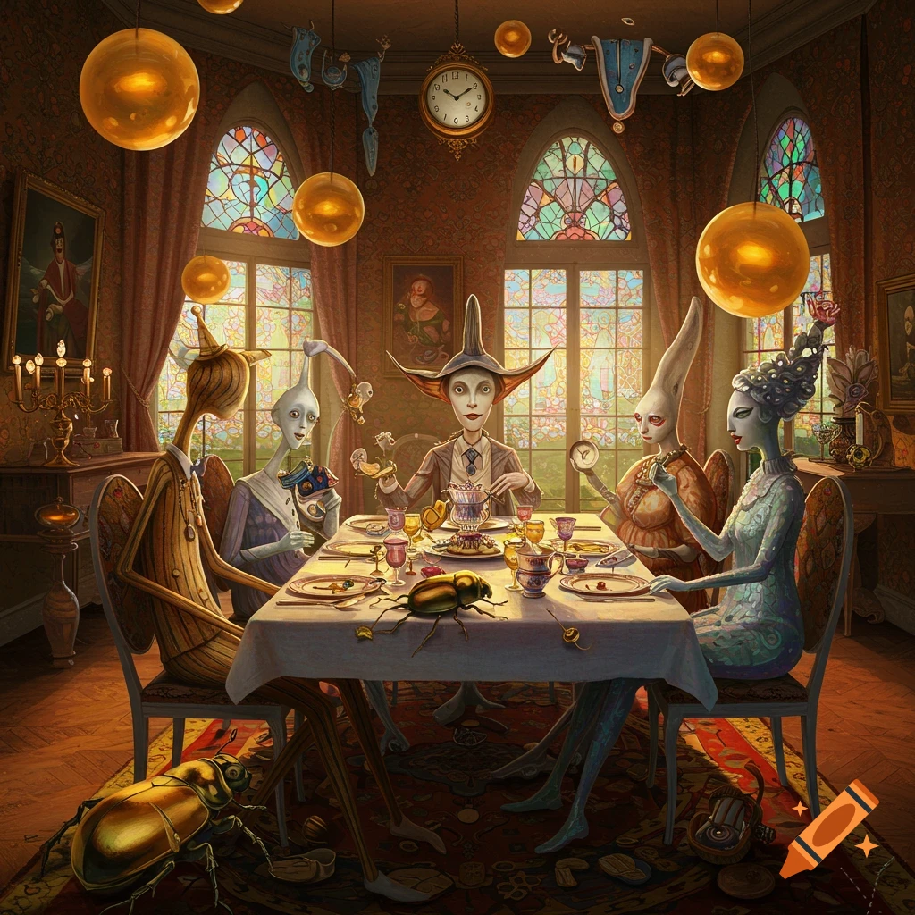 A surreal and grotesque painting of a dark, imposing castle surrounded ...