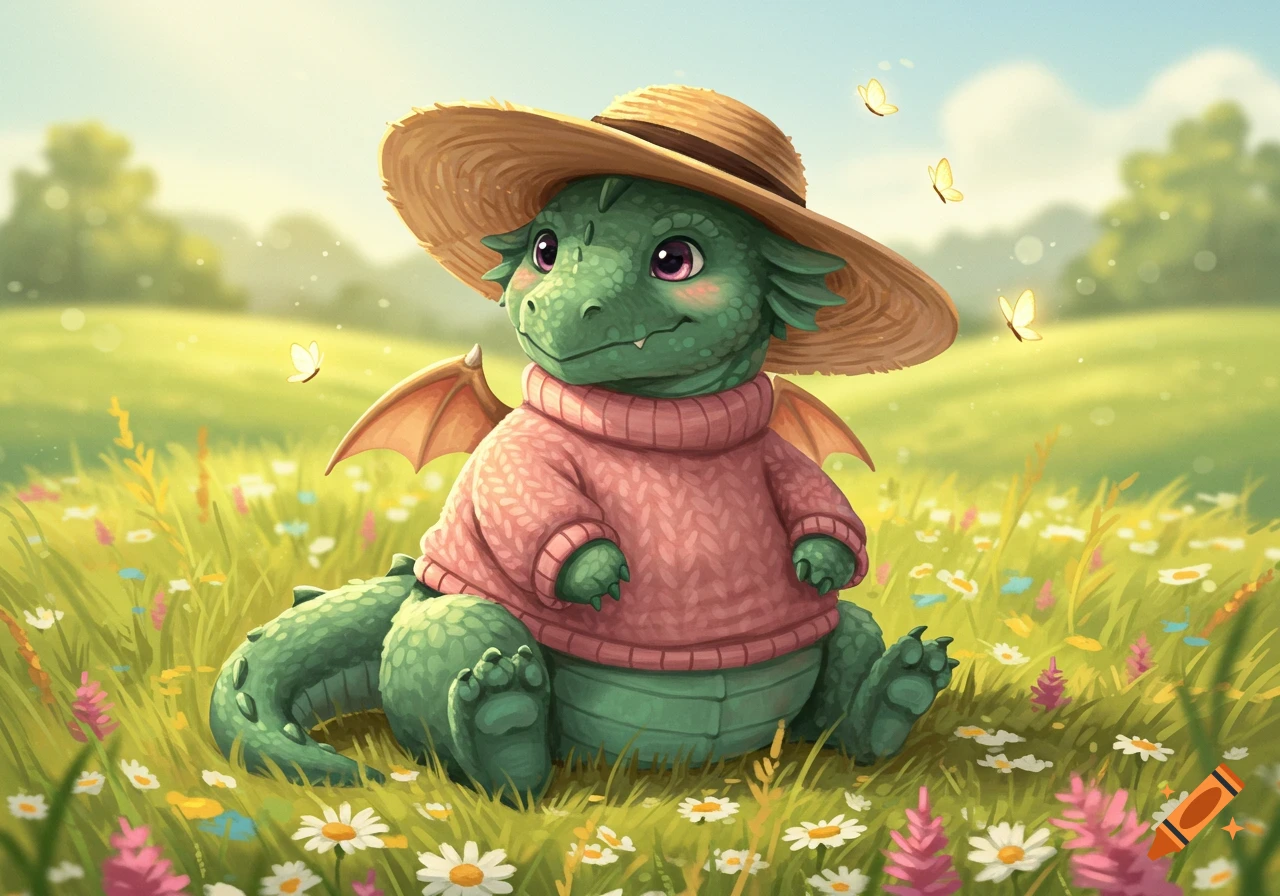 A cute green cartoon dinosaur with rosy cheeks sits in a grassy field ...