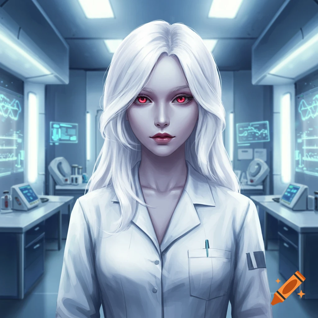 A digital art portrait of a young woman with pale skin, white hair, and ...