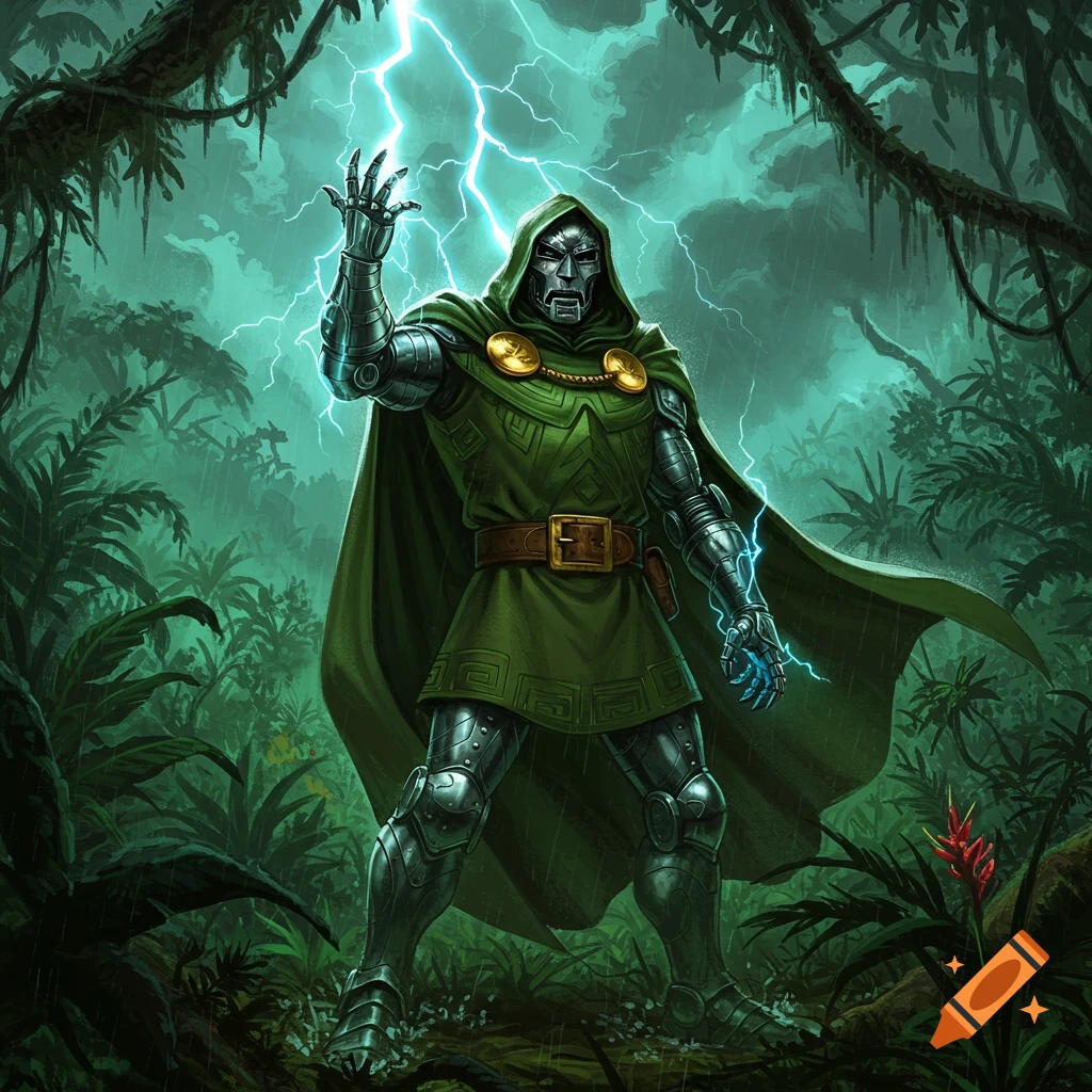 Dr. Doom, a supervillain, stands in a dark, rainy jungle, raising a ...