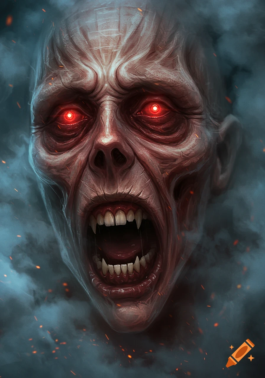 Close-up of a pale, gaunt horror face with glowing red eyes screaming ...