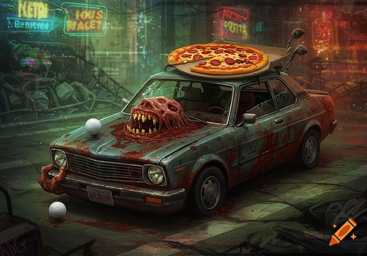 A heavily damaged green Chevrolet Impala with open doors abandoned in ...