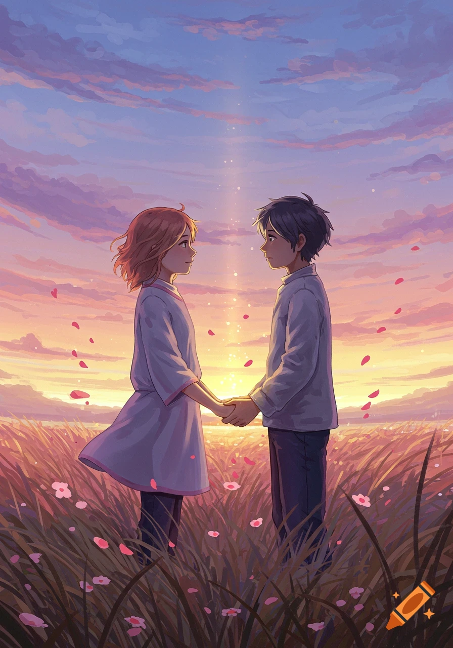 Two anime-style men, one blonde and one with dark curly hair, hold ...