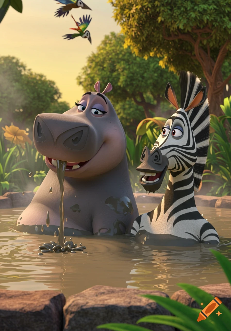 Cartoon image of Gloria the hippo and Marty the zebra from Madagascar smiling happily in a muddy ...