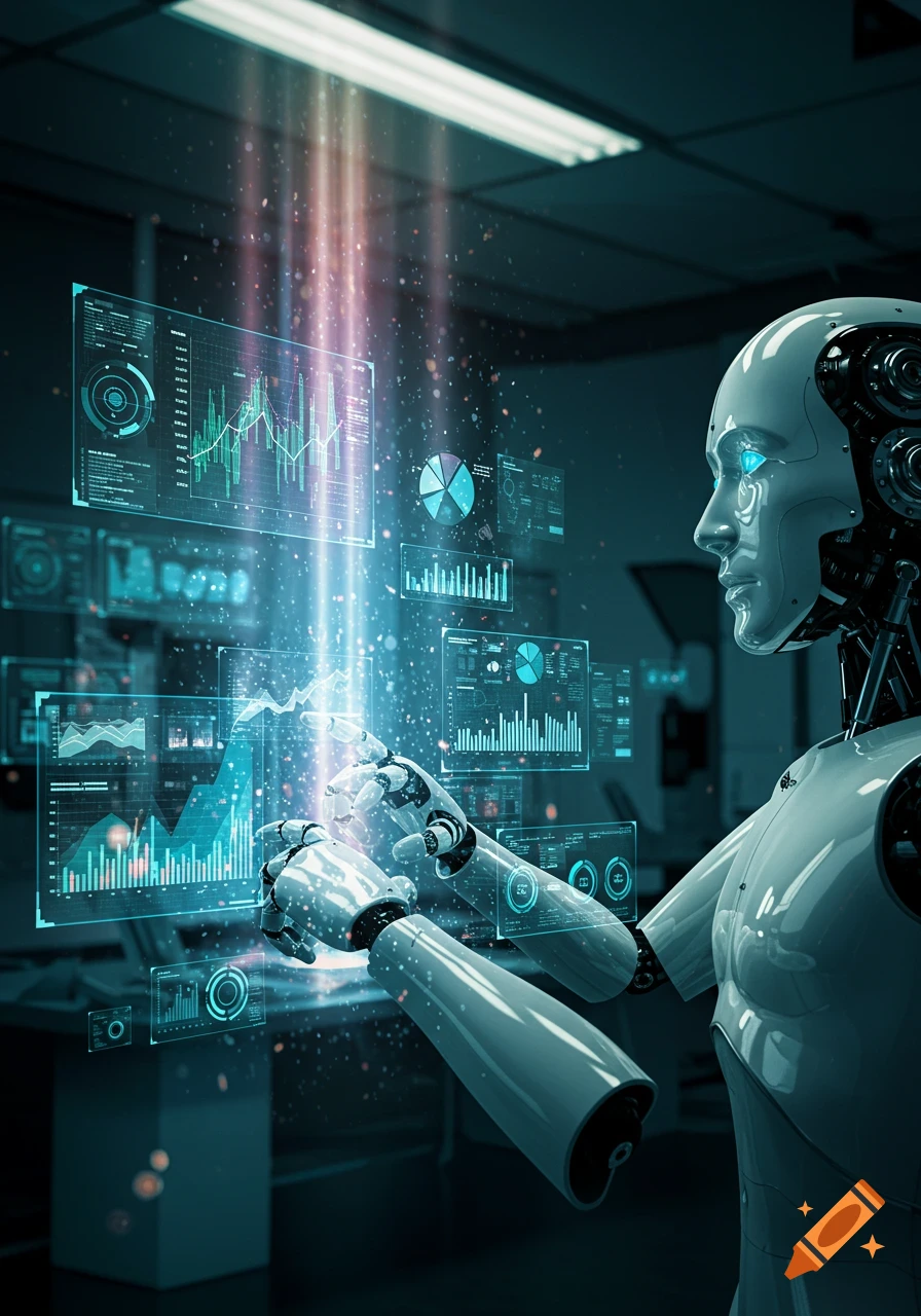 A friendly, white robot with blue accents interacts with holographic data screens and binary ...