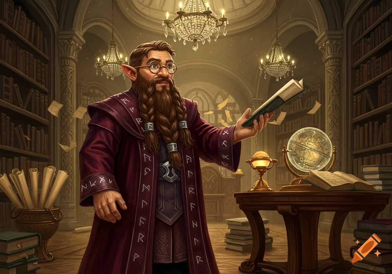 A portly, bearded man in traditional blue and red attire sits in a ...