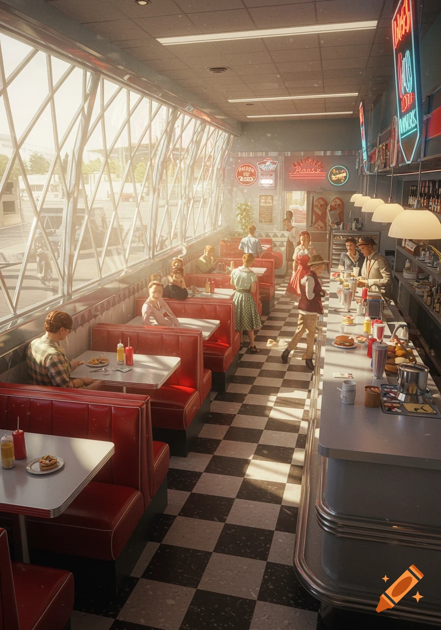 A retro illustrated diner with red booths, a black and white checkered ...