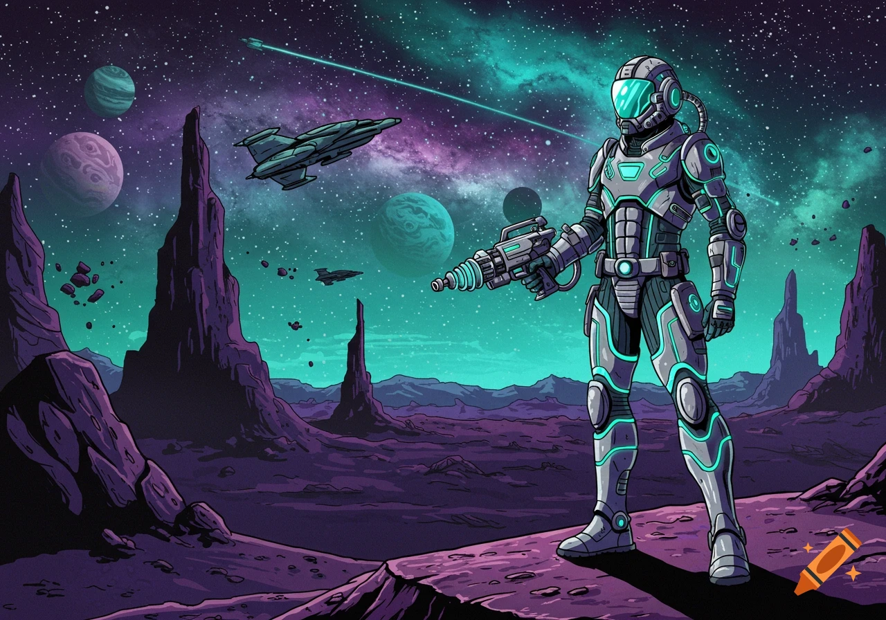 A cartoon, obese anthropomorphic T-Rex in neon sci-fi armor with a ...