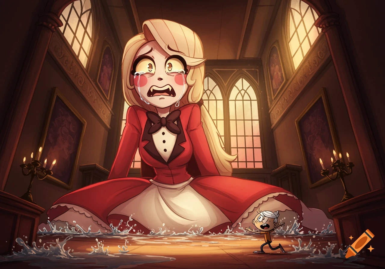 Cartoon giantess Charlie Morningstar cries, flooding a room as tiny ...