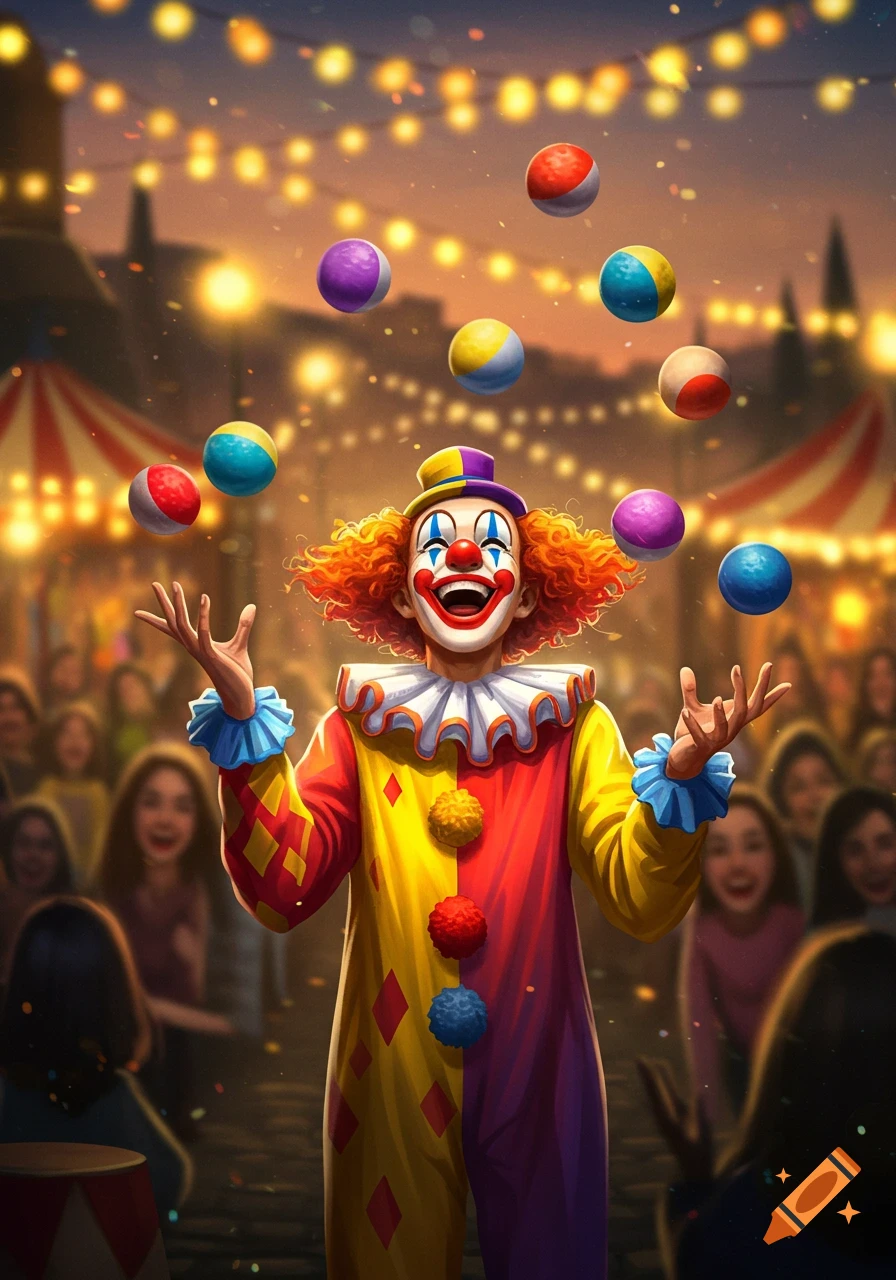 A whimsical bear clown in a colorful outfit holds balloons and tips its ...