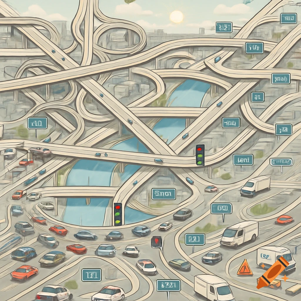 An overhead view of a complex city roadmap diagram with multiple ...