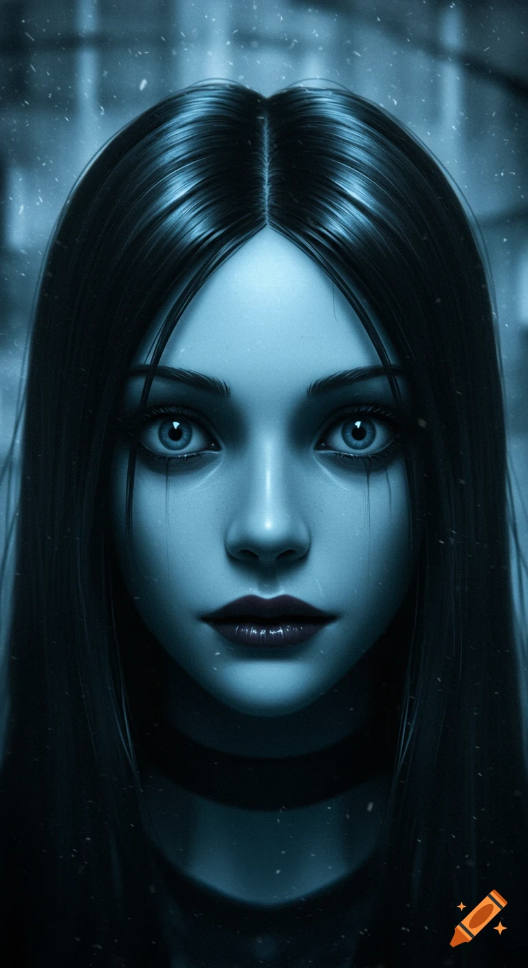 Close-up portrait of a pale, grotesque face with red eyes, rotten skin ...