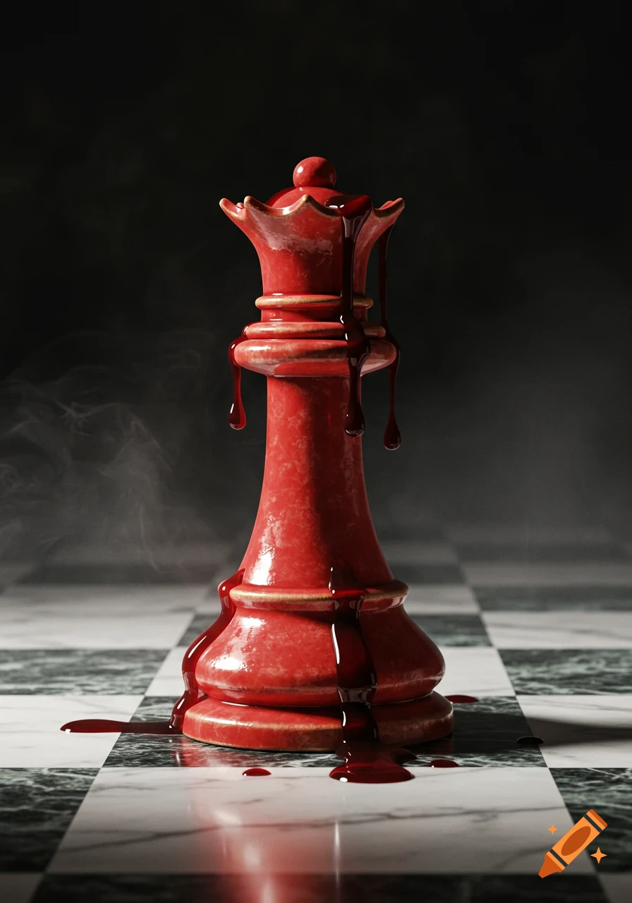 Abstract expressionist painting of a chess game with large red and ...