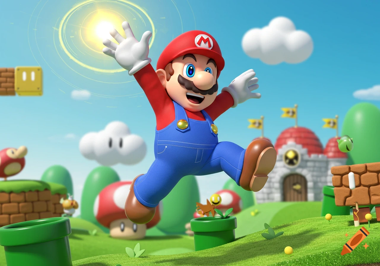 Mario jumps excitedly in a vibrant cartoon video game landscape with ...