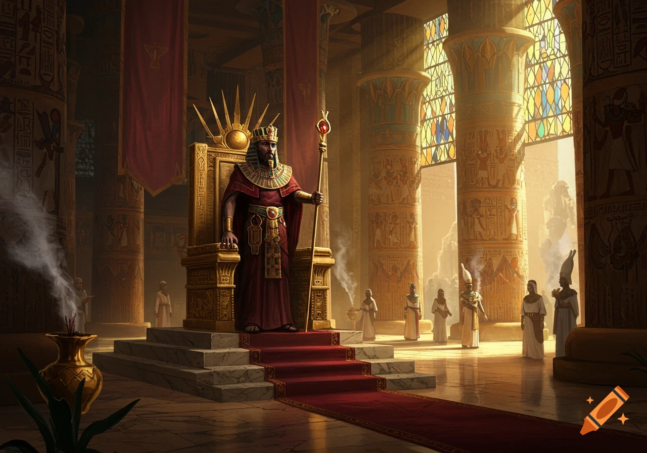 A bearded king in ornate robes and crown addresses a group of people in ...