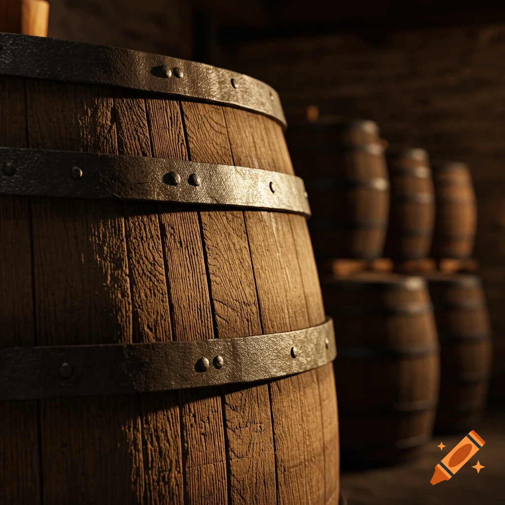 Photorealistic close-up of an old rustic oak barrel with metal bands ...
