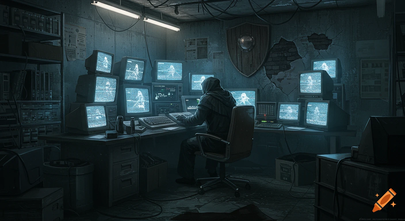 Madara Uchiha in a dark cyberpunk style, with glowing red eyes, typing ...