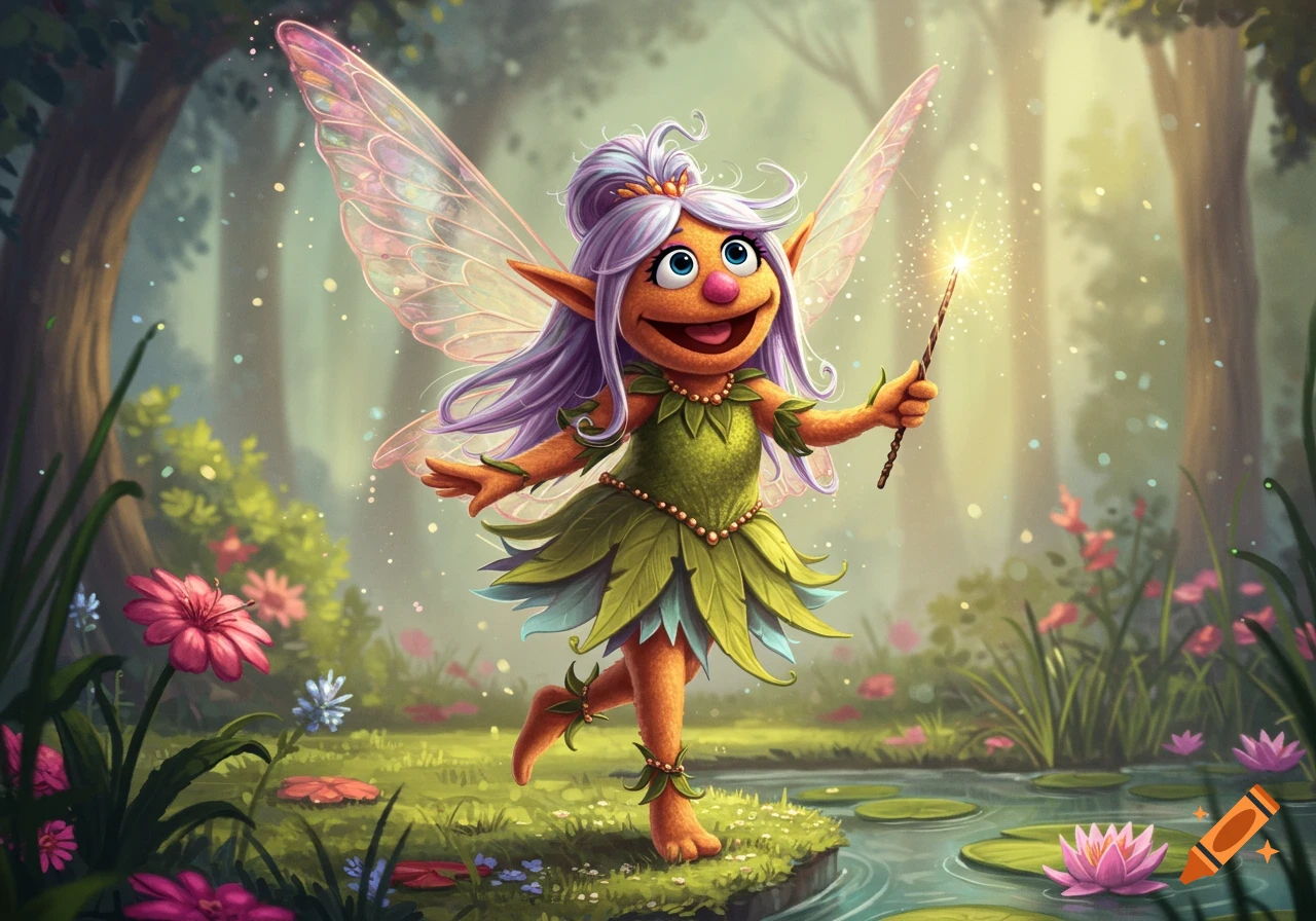 Smiling Trolls character with pink skin, long rainbow hair, blue flower ...