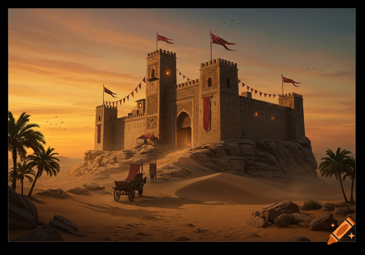 A grand, detailed desert castle with red flags under a dramatic sunset ...