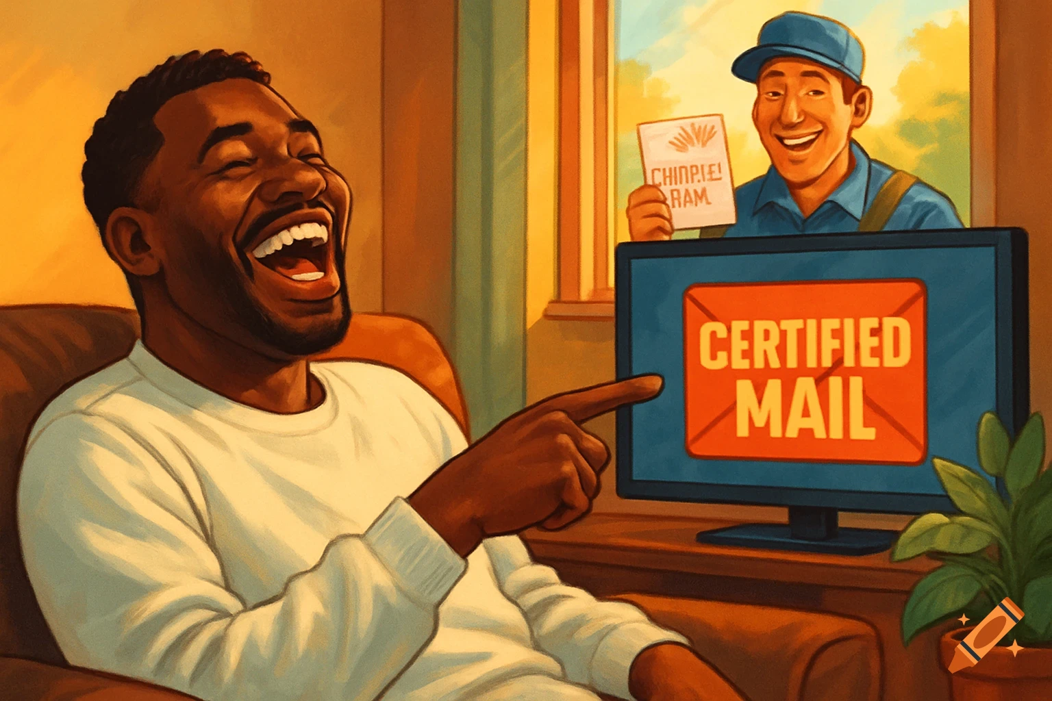 An illustration of a man laughing at a TV displaying "Certified Mail ...