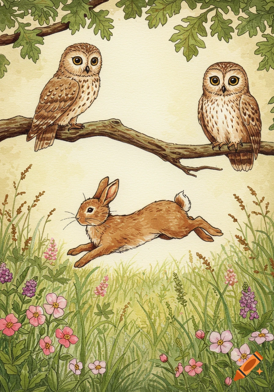 A brown rabbit sits in a field of green grass and colorful wildflowers ...