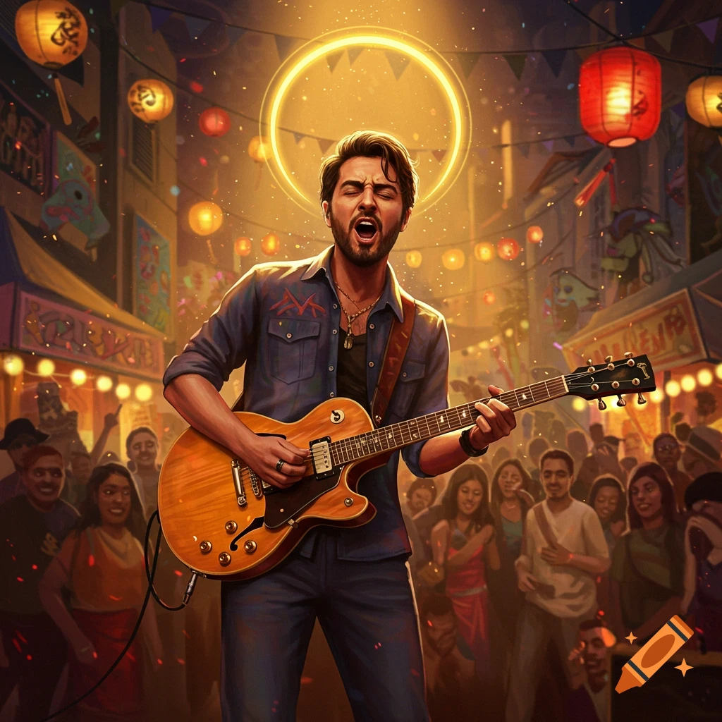 Vibrant pop art illustration of a man playing ukulele with a pig mascot ...