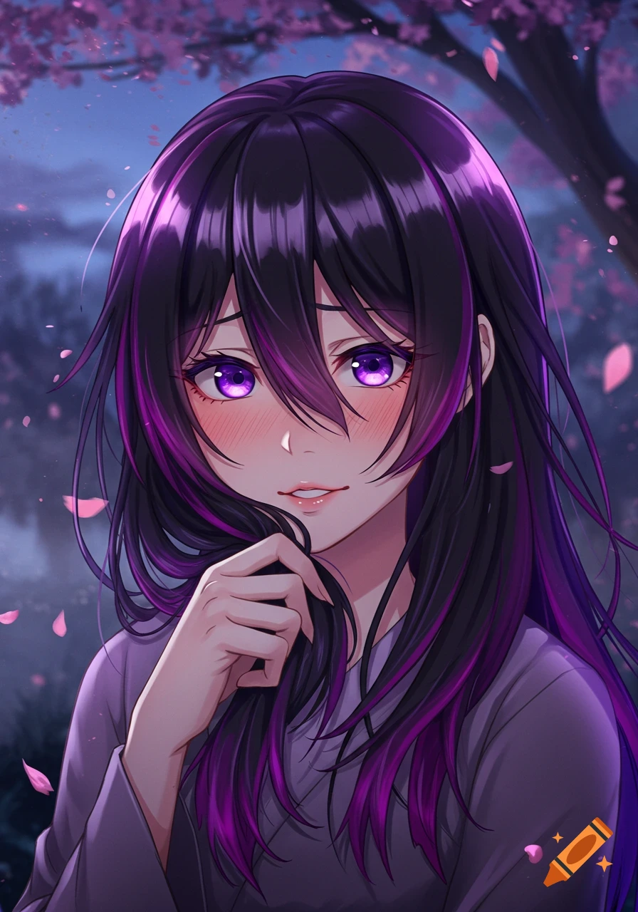 An anime female Uchiha character with long black hair and purple eyes ...