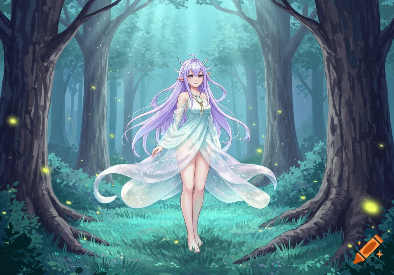 A shojo anime-style girl with long silver hair and a flowing dress ...